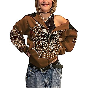 Thopavenoir Women Y2k Vintage Hoodie Zipper Grunge Fairy Sweatshirt Hoodies Aesthetic Harajuku Jacket Cardigan Streetwear (Brown, L)