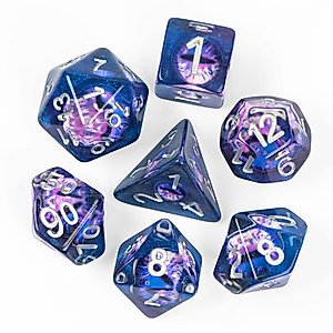 Cusdie 7-Die DND Dice, Polyhedral Dice Set Filled with Eyeball, for Role Playing Game Dungeons and Dragons D&D Dice MTG Pathfinder (Purple Eyeball)