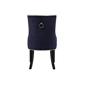 Iconic Home Cadence Dining Side Chair Button Tufted PU Leather Velvet Polished Brass Nailheads Espresso Finished Wooden Legs, Navy – White, Modern Transitional