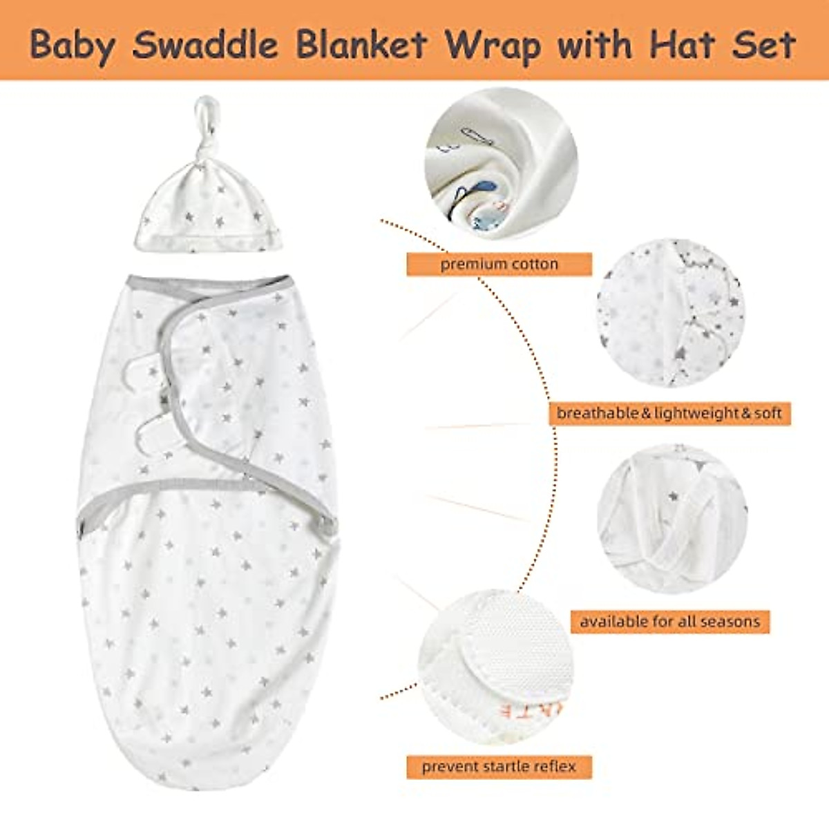 Newborn Swaddle with Hat 100% Cotton Swaddle Blankets for Baby Receiving Blanket Adjustable Sleepsack Easy Wrap Swaddle for Infant Boys Girls 0-3 Months (Stars)