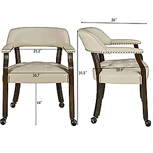 LEEMTORIG Dining Chairs with Casters and Arms, Faux Leather Accent Kitchen Table Chairs with Wheels, Roller Poker Table Chair, Wooden Captains Chair, Espresso Legs & Beige, XXY-1910-BG