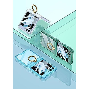 TECHY for Samsung Z Flip 5 Case with Hinge Protection, Galaxy Z Flip 5 Clear Airbag Case with Ring Stand Built-in Screen Protector Protective Cover for Samsung Galaxy Z Flip 5, Clear Blue
