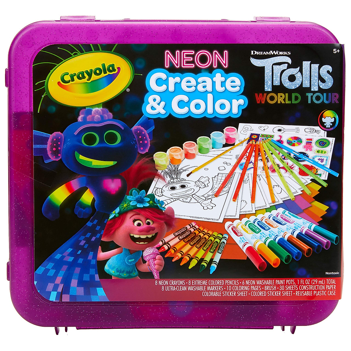 Crayola Trolls World Tour, Neon Create & Color Art Set, Over 70 Art Supplies, Gift for Kids, 5, 6, 7, 8