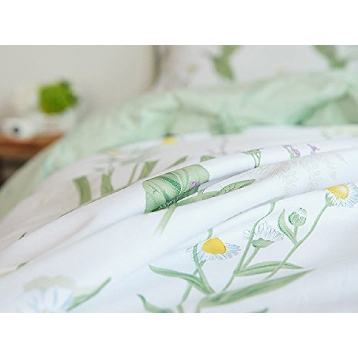 FADFAY Duvet Cover Set Queen 4-Pcs Shabby Daisy and Lavender Flowers 100% Cotton Hidden Zipper Closure with Green Deep Pocket Fitted Sheet 4 Pieces Queen Size