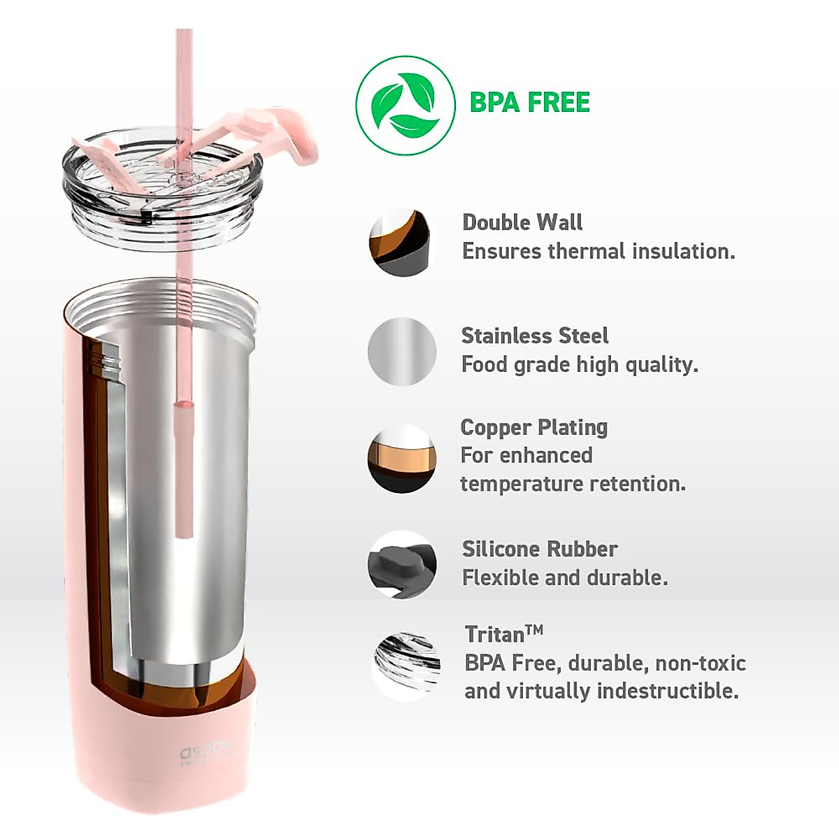 asobu Aqualina Stainless Steel Insulated Water Bottle with Interchangeable Hot and Cold Lid and Built in Straw (Pink)