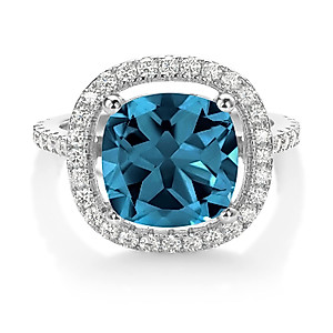 Gem Stone King 925 Sterling Silver 10MM Cushion Cut Gemstone Birthstone and White Moissanite Engagement Ring | Wedding Anniversary Promise Ring For Women | Ring Size 5-9