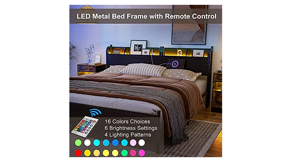 IKIFLY California King Bed Frame w/ Storage, Charging & LED