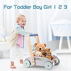 Wooden Baby Walker, Push Toys for Babies Learning to Walk,Shopping Cart for Kids Garden Wagon and Play Set with Abacus Blocks Push and Pull Learning Walking Educational Gift for Toddler Boy Gir 2 3