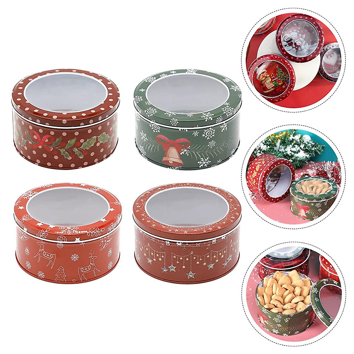 Cabilock 4pcs Christmas Empty Tin Round Metal Tins with Lids Metal Containers for Goodies Chocolate Nuts and Home Storage Cerebrate a Holiday