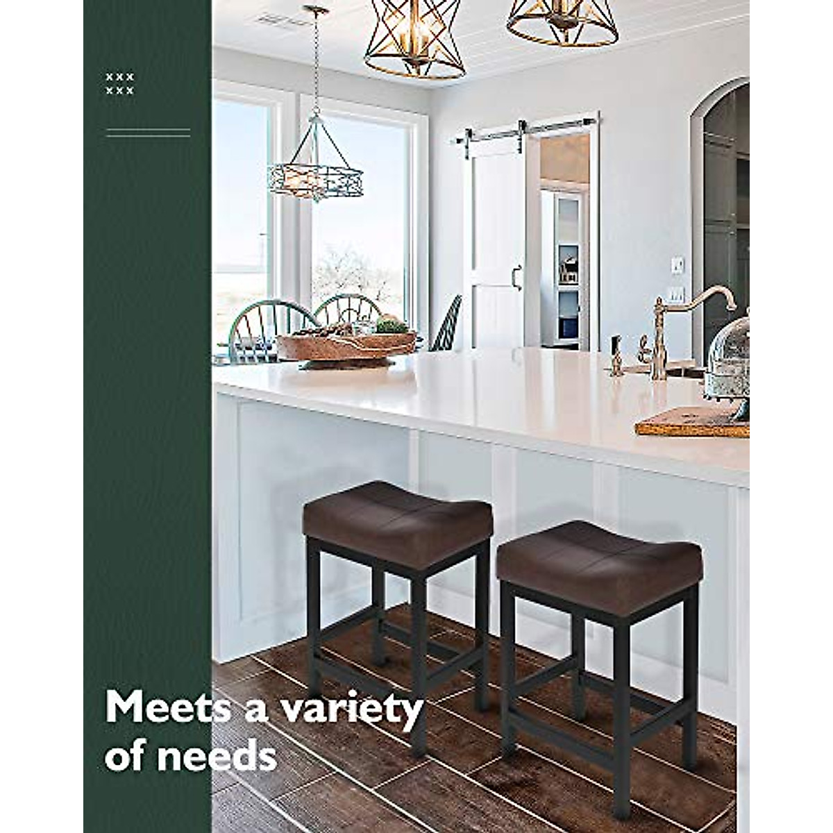 KATDANS Bar Stools Set of 2-Counter Height Stools - 24 Inch Saddle Stool - PU Leather Kitchen Stools - Brown/Black - Metal Base, KS861P-B