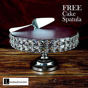 LINDLEMANN Decorative Cake Stand With Mineral Crystals & Spatula Round Metal Pedestal Cupcake Stands For Donuts Desserts Birthday Wedding Baby Shower Anniversary Holiday Dinner Party (Silver, 12")