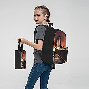 3 Piece Backpack Set Titanic Sunset School Bag,Travel Camping Daypack Students Bookbag Pencil Case Lunch Bag Combination