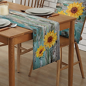 Summer Sunflowers Table Runner 36 Inches Long Farmhouse Dress Scarves, Spring Floral Botanical Teal Brown Retro Wood Dining Tablerunner for Coffee Table/Kitchen Island/Party Décor, Small 13" x 36"