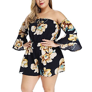 Bravetoshop Women's Plus Size Rompers Boho Off Shoulder Bell Sleeve Summer Floral Print Strapless Shorts Jumpsuit (Black,XXL)