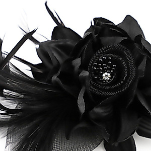 Song Qing Women's Fascinator Feather Flower Hair Clip Pin Brooch Corsage Bridal Hairband Derby Hat Cocktail Party Wedding (Dark Black)