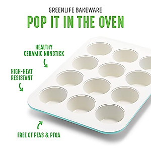 GreenLife Bakeware Healthy Ceramic Nonstick, 12 Piece Baking Set with Cookie Sheets Muffin Cake and Loaf Pans including utensils, PFAS-Free, Turquoise