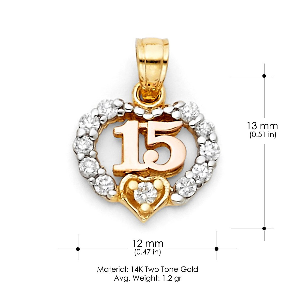 Ioka 14K Two Tone Gold Sweet 15 Years Quinceanera Heart Cubic Zirconia CZ Charm Pendant with 1.5mm Valentino Chain Necklace - 18"