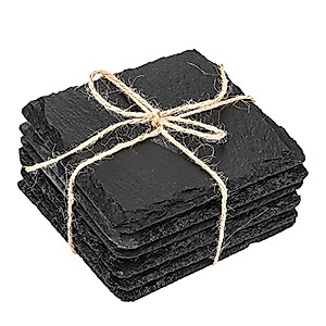 Set of 6 Coasters Slate Coasters with Hemp Rope Drink Coasters Black Stone