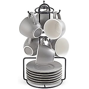 YHOSSEUN Porcelain Espresso Cups Set and Metal Stand 3 OZ Demitasse Cup For Coffee Shot, Mugs for Latte, Cafe Mocha, Cappuccino, and Tea, Serve for 6 Gray