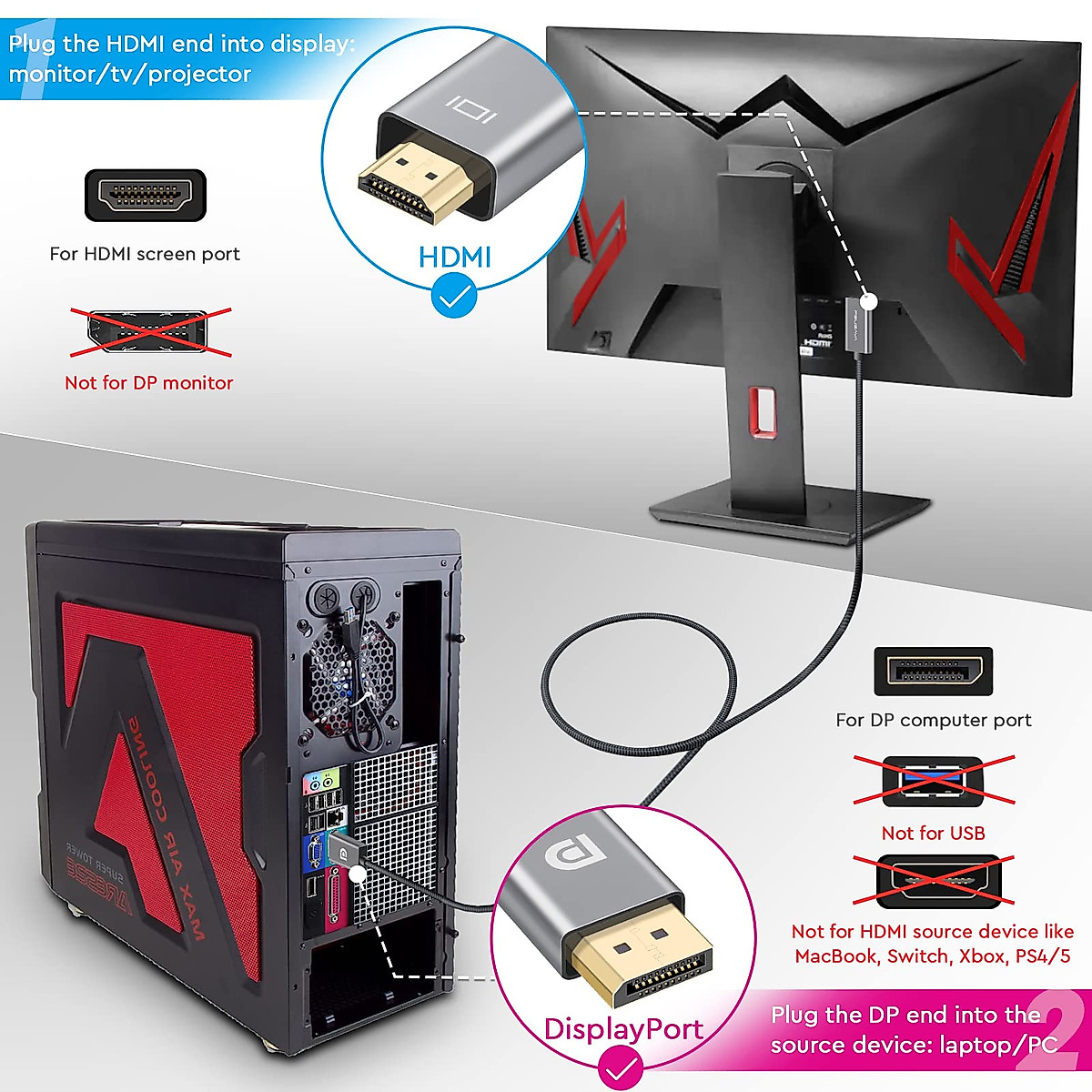 PEUZAVA 4K DisplayPort to HDMI Cable 6ft, Premium DP to HDMI Braided High Speed Cord Compatible with Computer Desktop Laptop PC Monitor Projector HDTV
