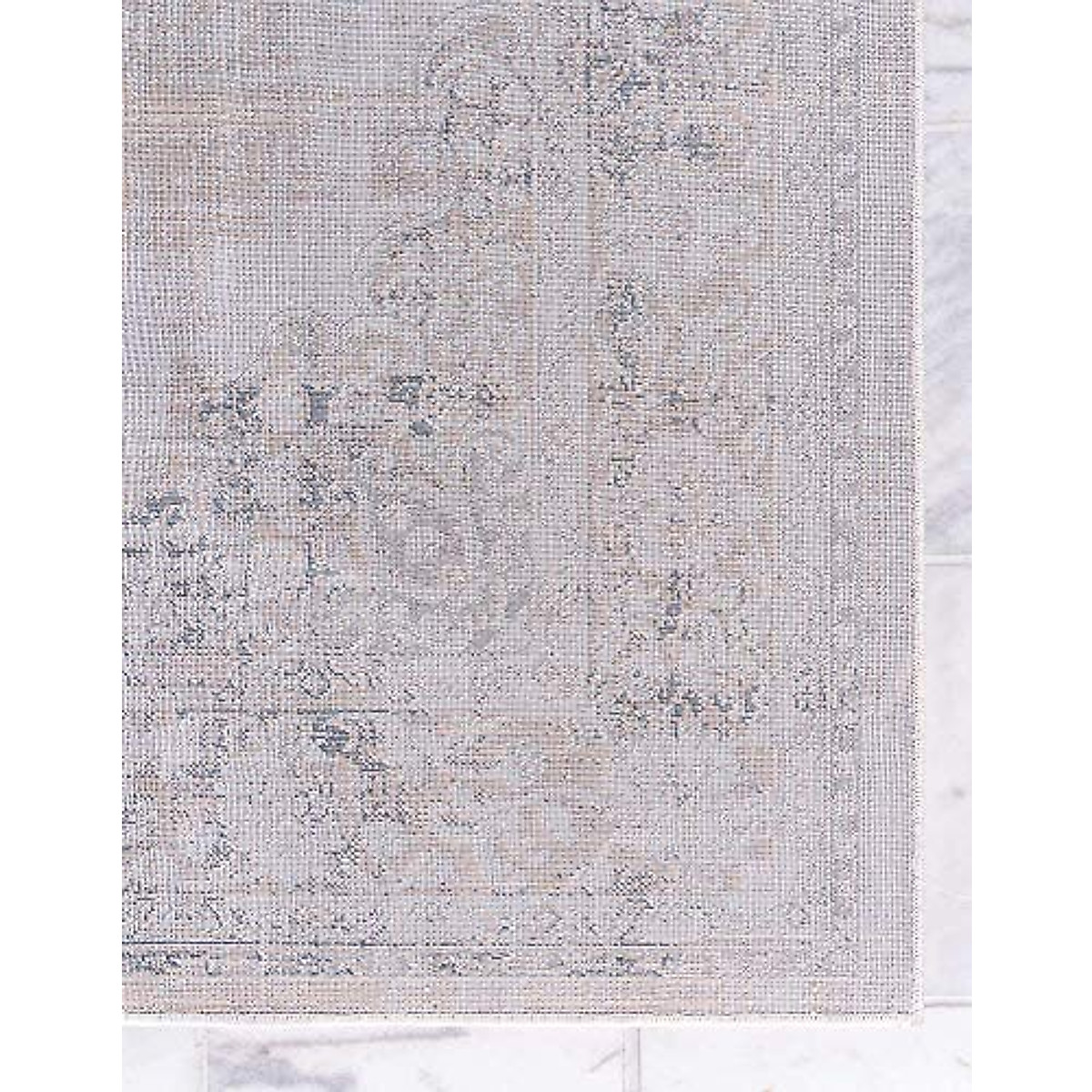 Unique Loom Leila Collection Traditional, Distressed, Medallion, Border, High-Low Pile, Vintage Area Rug, 3' 3" x 5' 3", Tan/Navy Blue