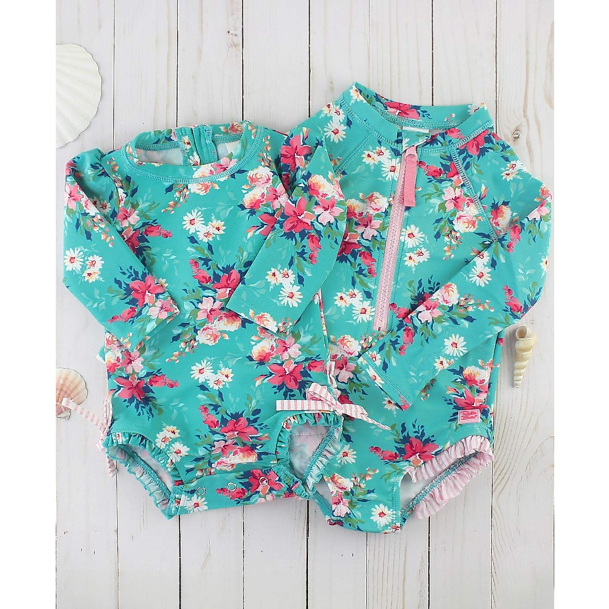 RuffleButts Baby Girls UPF 50+ Sun Protection Floral Printed Long Sleeve One Piece Rash Guard Swimsuit with Zipper - Fancy Me Floral, 2T