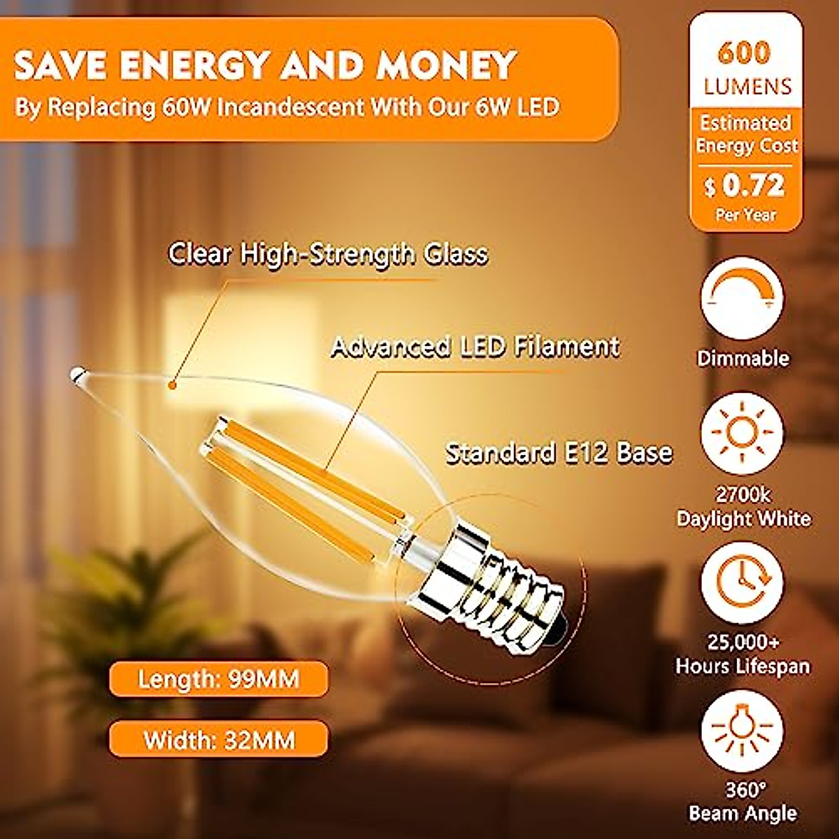 LONIUTO LED Light Bulbs 60 Watt Equivalent, Vintage LED Flame Tip Candelabra Bulb, E12 LED Bulb Dimmable 2700K Soft Warm White, E12 LED Bulb Clear Glass, for Chandeliers, Ceiling Fan, Pendant, 6 Pack