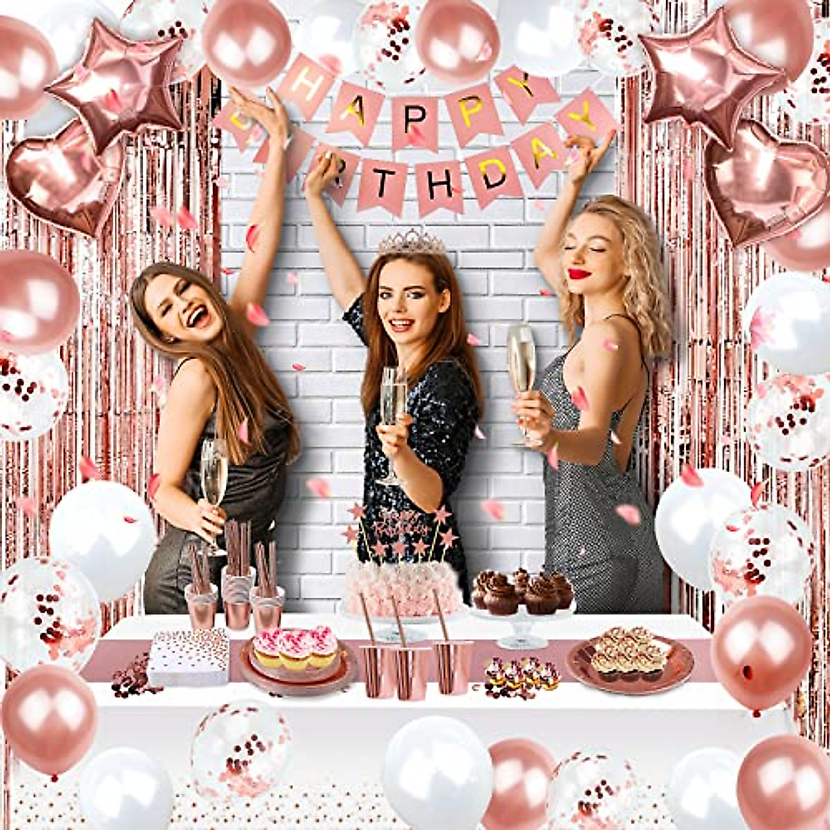 Party spot! 255 Pcs 30th Birthday Party Decorations For Women girls, Rose Gold Birthday Party Decorations Supplies, Balloon Stand Kit, Tableware Kit,Pump, Banner, Tassel Curtain, For 25 Guests