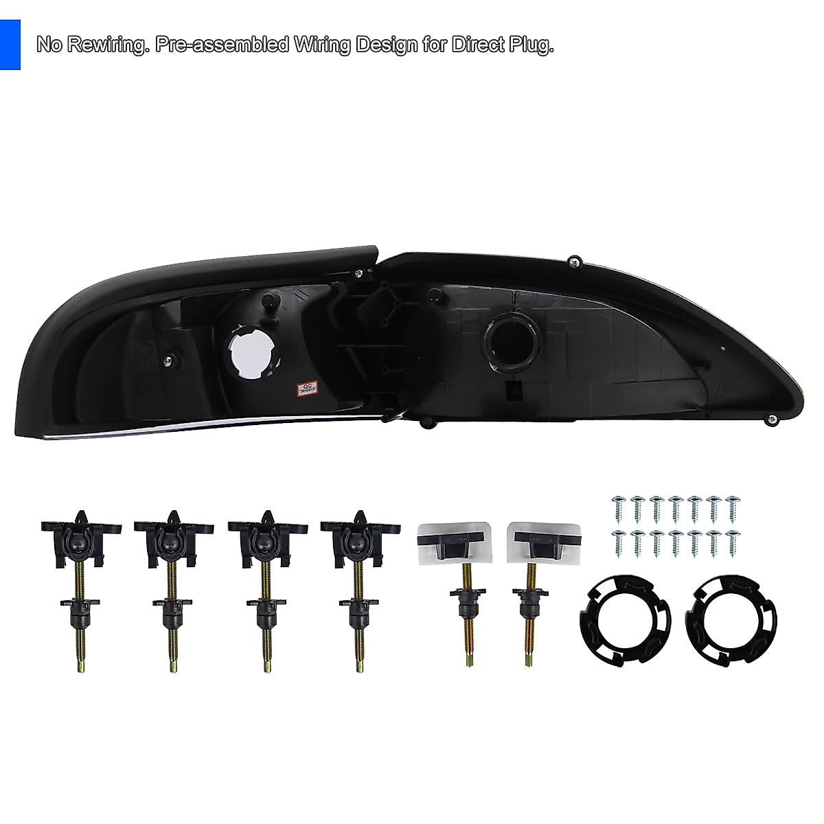 SPEC-D TUNING Black Housing Clear Lens 1PC Headlights + Corner Lights Compatible with 1994-1998 Ford Mustang L+R Pair Head Light Lamp Assembly