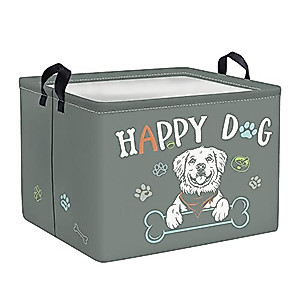 Clastyle Collapsible Happy Dog Toy Storage Bin with Handle Grey Rectangular Puppy Storage Basket for Pets Toys Clothes Leashes, 15.7x11.8x11.8 in