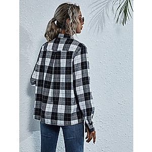Floerns Women's Casual Long Sleeve Button Down Plaid Shirt Blouse Top Black and White M