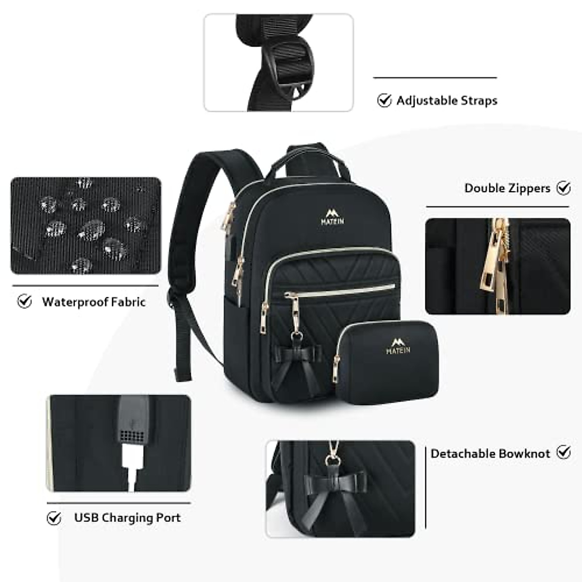 MATEIN Mini Backpack for Women, Waterproof Stylish Daypack Purse Shoulder Bag with USB Charging Port, Lightweight Small Casual Daily Travel Backpack for Ladies Teen Girls, 2pcs Sets, Black