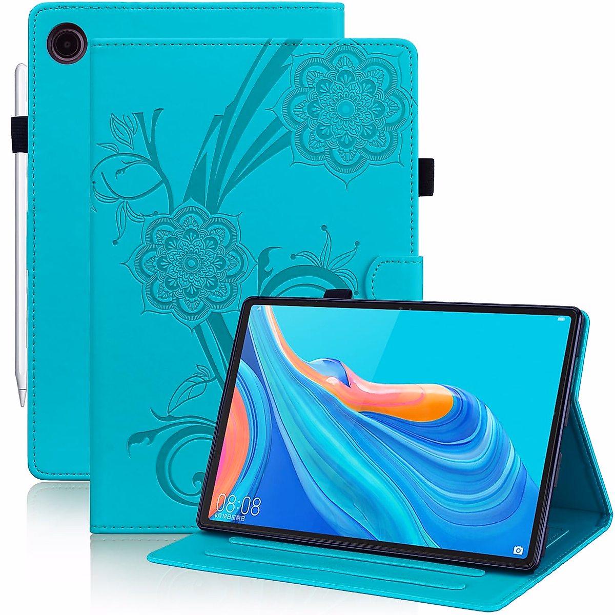 Kitzomi Case for Samsung Galaxy Tab A8 10.5 inch 2022,Premium PU Leather Embossed Mandara Folio Stand with Auto Wake/Sleep&Card Holder Cover for Tab A8 SM-X200/X205/X207 Tablet,Turquoise
