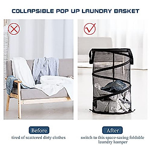 Mesh Collapsible Laundry Hamper with Lid, Large Clothing Storage Bucket with Handles,Dirty Clothes Storage Basket for The Kids Room, College Dorm or Travel (1PCS, Black)