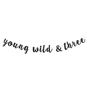 Young Wild and Three Banner Kid's Third Birthday Party Garland - Glitter Black - 1 Strand
