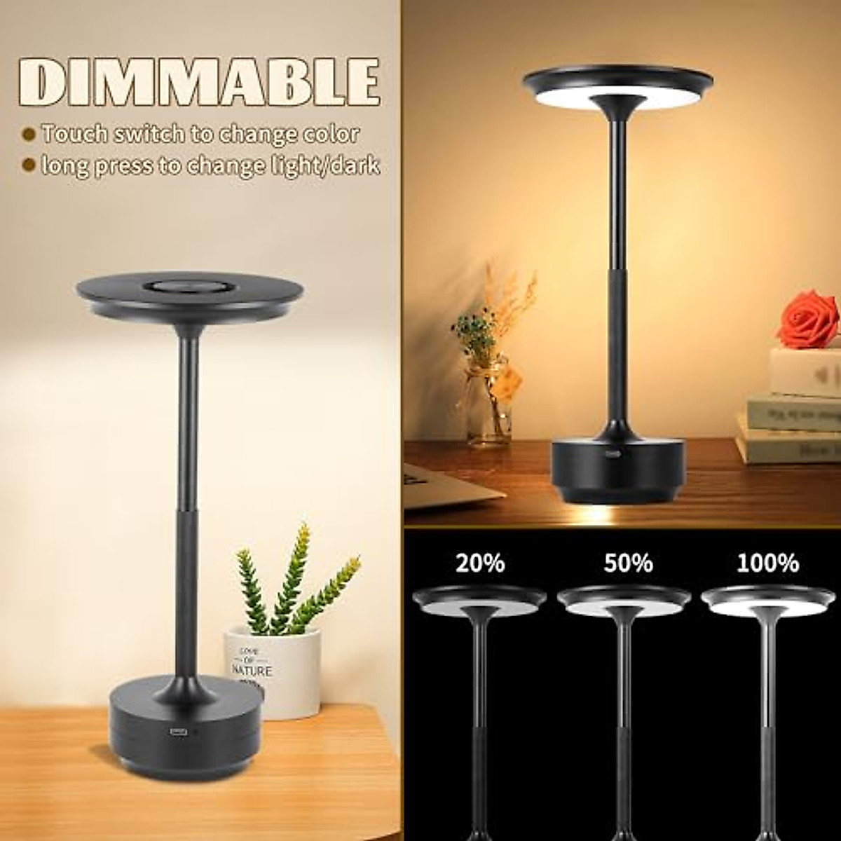 HAPYGI Rechargeable Cordless LED Table Lamps Touch Sensor Light, 3-Levels Portable Dimming Wireless Battery Operated Lamp，Nightstand Lamp/Night Light/Restaurant Table/Outdoor/Coffee/Bar (Black)…