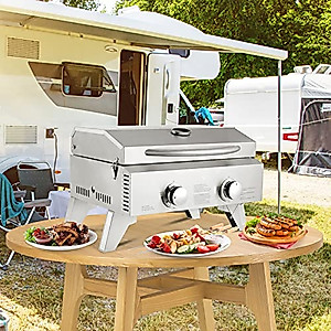 ROVSUN Extra Large 20,000 BTU Portable Gas Grill, 2 Burner Tabletop Propane Griddle with Foldable Legs, Regulator & Full Stainless Steel for Outdoor Picnic Camping Trip, Tailgating, Patio Garden BBQ Home Use