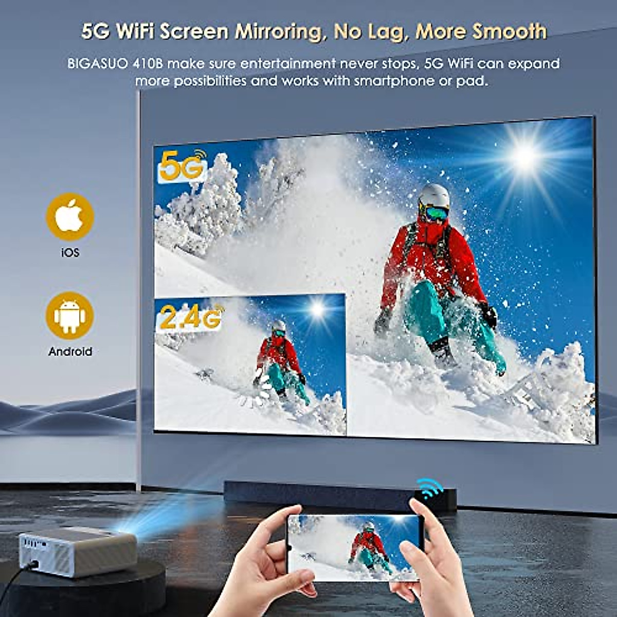 BIGASUO 960ANSI Projector with WiFi and Bluetooth - 1080P HD Outdoor Movie Projector 4K Support, Home Projectors Max 400" Display, 4P & ±50° Keystone, 60% Zoom, Compatible with Laptop, TV Stick, PS5
