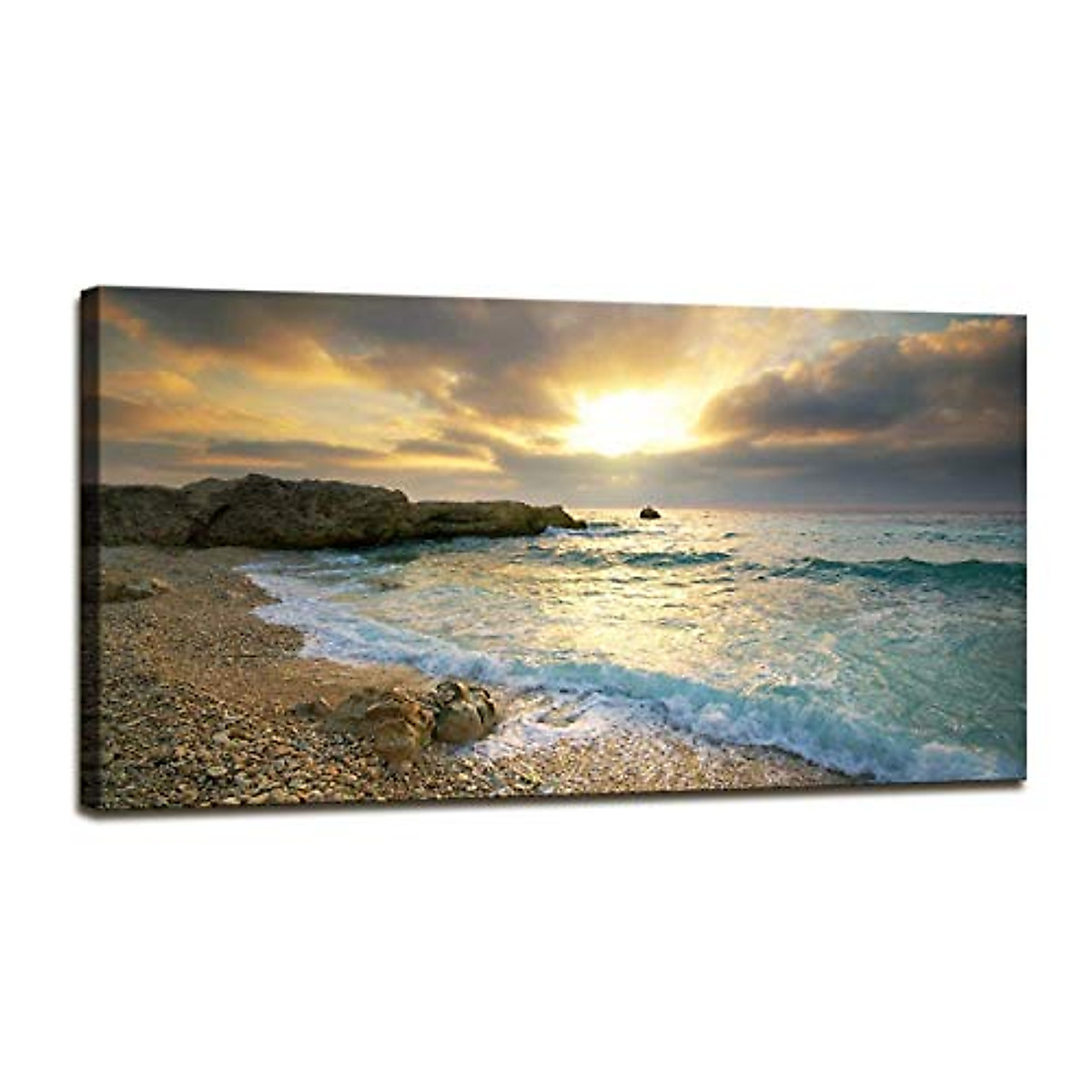 Canvas Wall Art Sunset Beach Blue Waves Ocean Art Large Modern Artwork Canvas Prints Contemporary Pictures Framed Ready to Hang for Home Decoration
