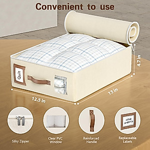 BigPonPon 6 Pack Bed Sheet Organizers And Storage Bags,Large Clothes Storage Bags With Leather Handle,Multifunction Linen Closet Organizer Bags For Clothes,Blanket,Comforter,Bedding Storage-Beige