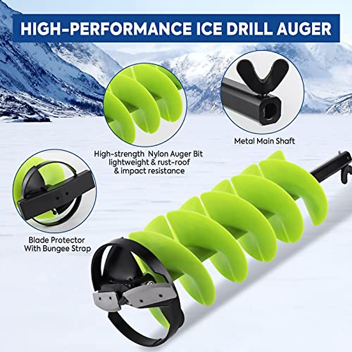 Goture Ice Drill Auger, 7" Diameter Nylon Ice Auger, 41" Length Ice Auger Bit,Auger Drill with 19.6" Extension Rod,Auger Bit with Ice Spoon,Handbag for Ice Fishing