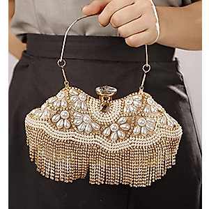 Sither Rhinestone Tassel Handbag Purses for Women Evening Handbag Purses Crystal Pearls Clutch Purses Sparkly Clutches Shoulder Chain Bags for Party Prom Christmas Gift (gold)