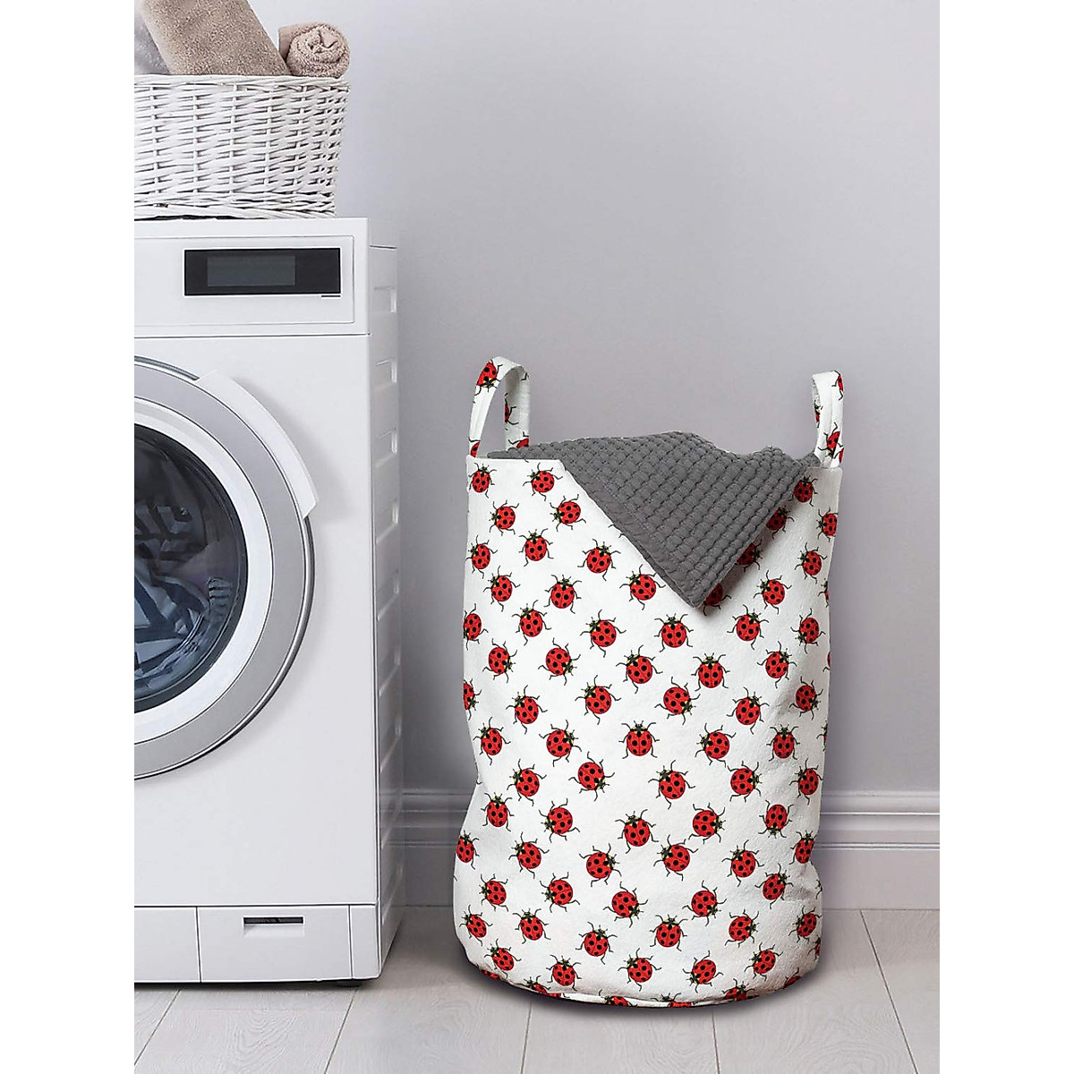Ambesonne Cartoon Laundry Bag, Repetitive Ladybugs Pattern of Dotted Marked Animal Theme Funny Cartoonish Print, Hamper Basket with Handles Drawstring Closure for Laundromats, 13" x 19", White Red