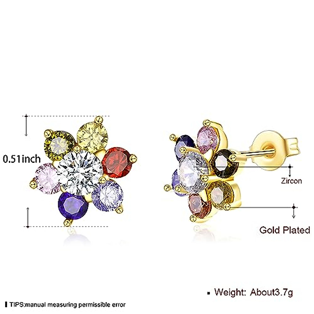 WSKFLY Colored Cubic Zirconia Stud Earrings for Women,14K Gold Plated Crystal Flower Exquisite Earring for Mother, Ladies
