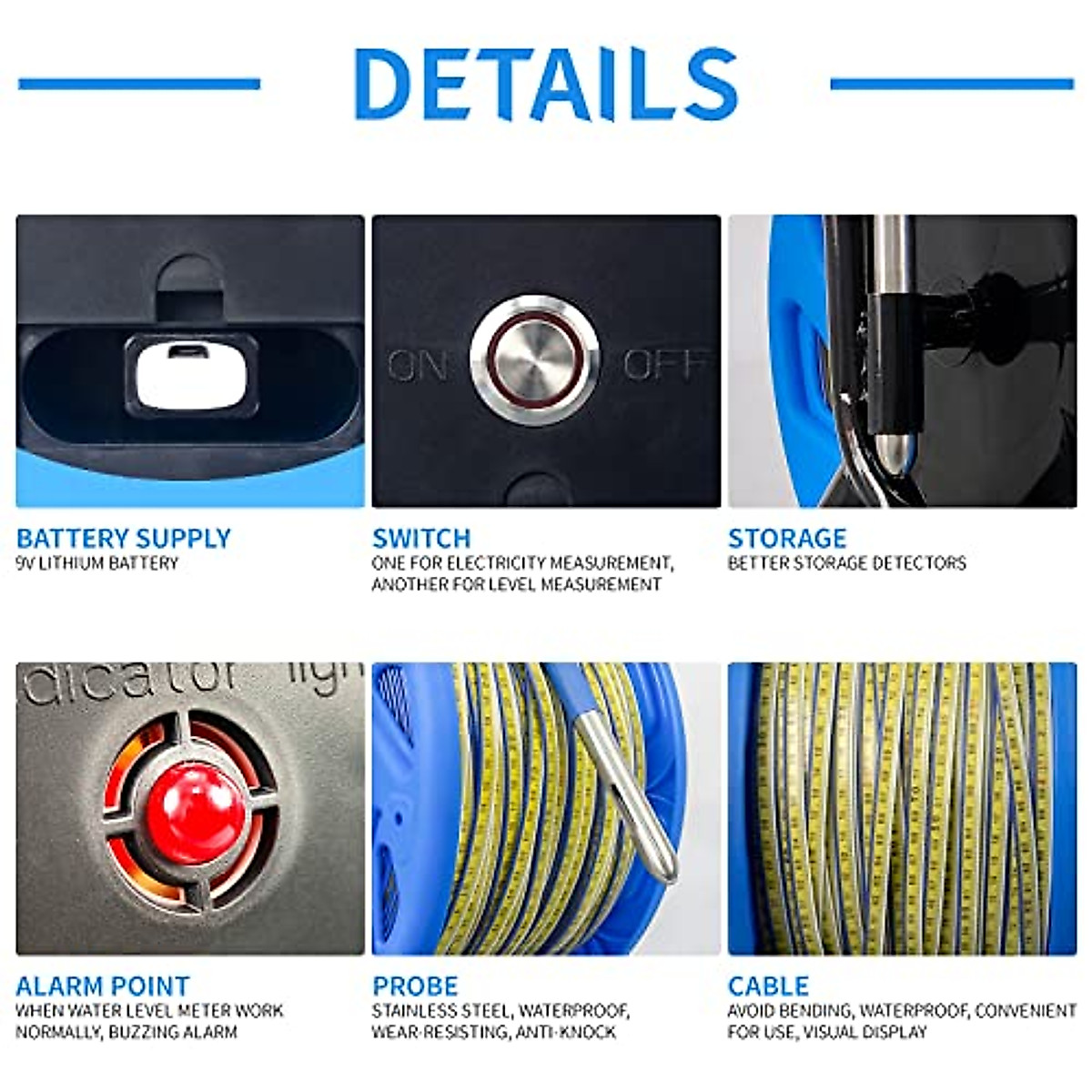 Water Level Meter Water Depth Gauge Water Level Gauge with Fixed Probe and Steel Tape for Water Well Measurement (100m)