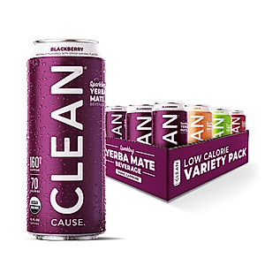 CLEAN Cause Low Calorie Variety Pack Sparkling Yerba Mate Tea, 160mg Caffeine, Organic, Low Sugar, Healthy Alternative to Energy Drinks (16oz cans, 12-Pack Case)