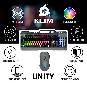 KLIM Unity Wireless Keyboard and Mouse Set US - New 2024 - Slim Durable Ergonomic Mechanical Feel - Backlit Wireless Gaming Keyboard and Mouse for PC Mac PS4 PS5 - Long-Lasting Built-in Battery