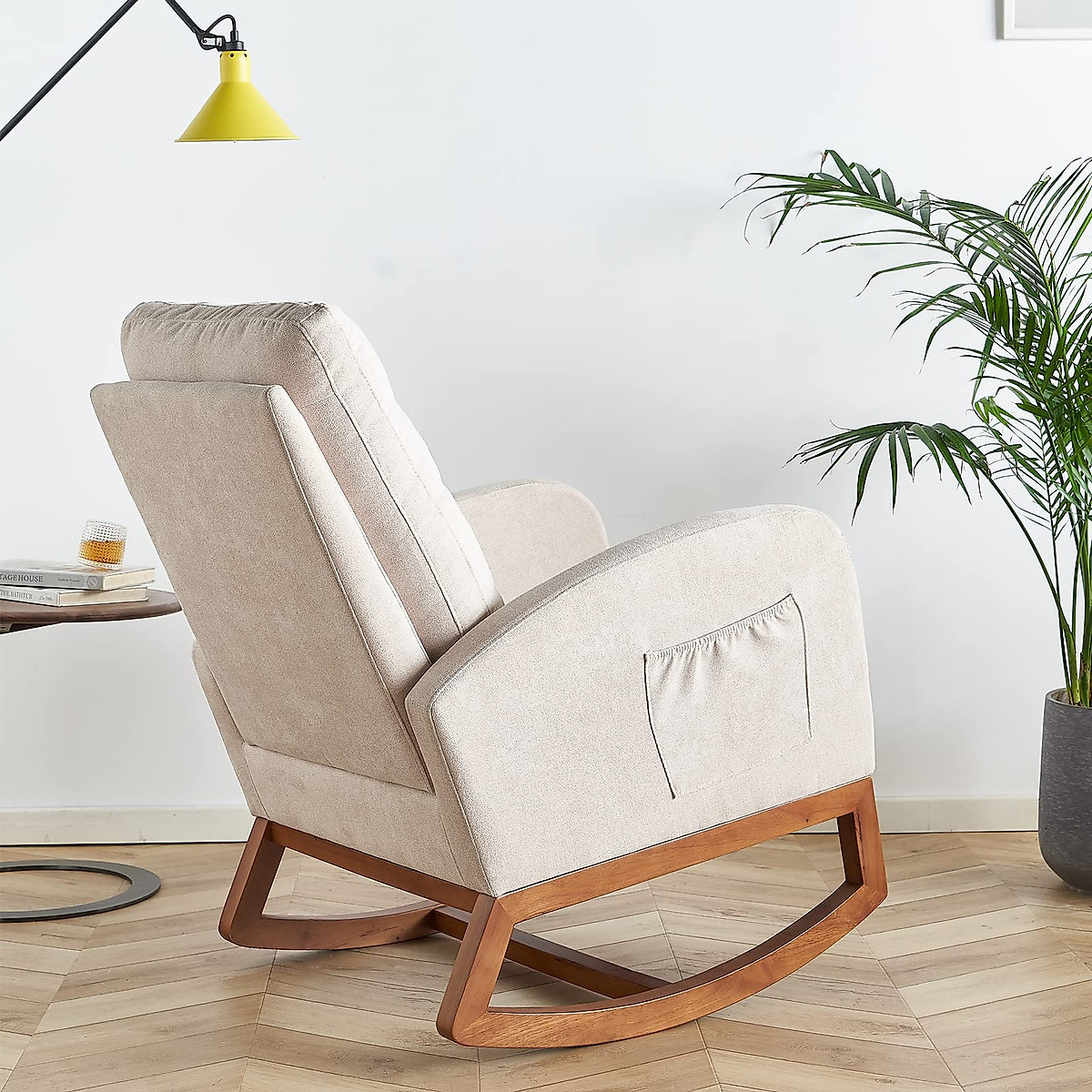 CALABASH Rocking Chair Nursery,Modern Comfy Armchair with Side Pocket,Mid-Century Upholstered Glider Rocker Chairs for Baby/Kids Room and Living Room (New Beige)