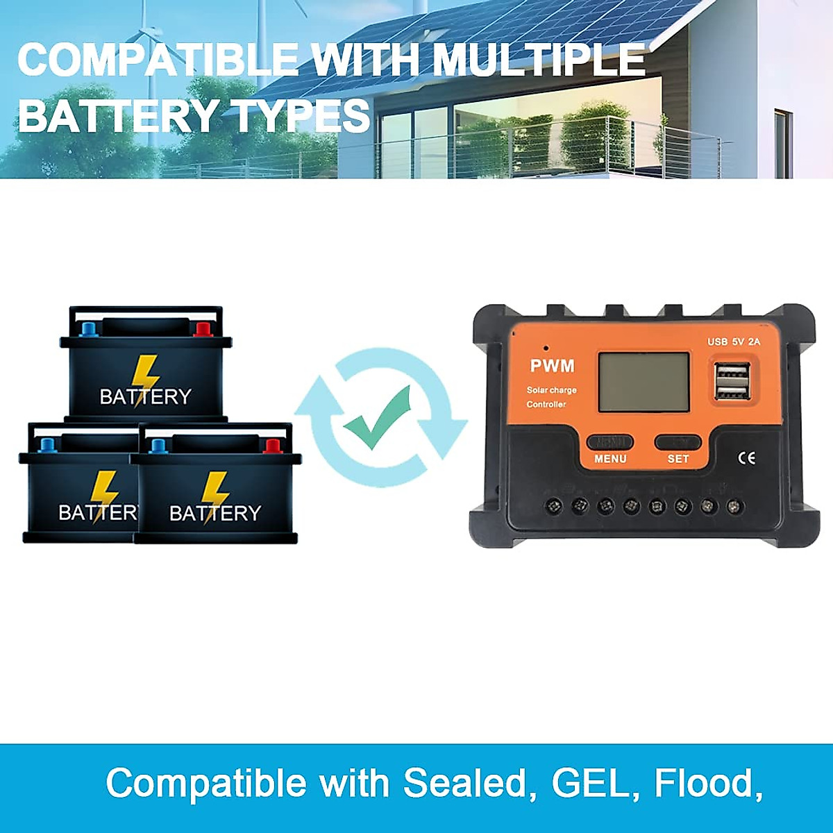 SOGTICPS 20amp PWM Solar Charge Controller 12V 24V Auto LCD Display Battery Intelligent Regulator for Lead-Acid,Lithium