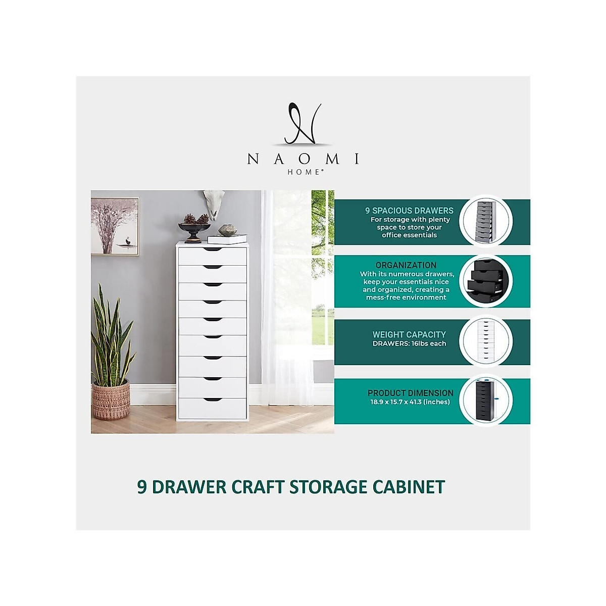 Naomi Home Ultimate Sewing & Craft Storage Cabinet - 9 Drawer Organizer for Arts, Crafts, Sewing Supplies & More - White Multipurpose Cabinet with Ample Space - 9 Drawer, White